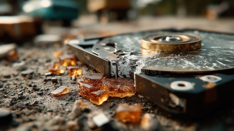 Closeup of a Broken Hard Drive with Scattered Amber Fragments Stock ...