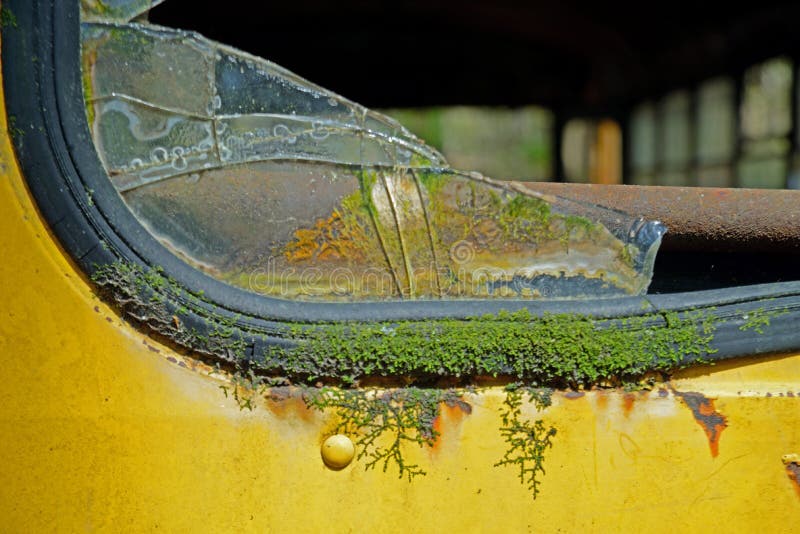 Closeup Broken Windshield in an Abandoned Bus. Stock Photo - Image of ...