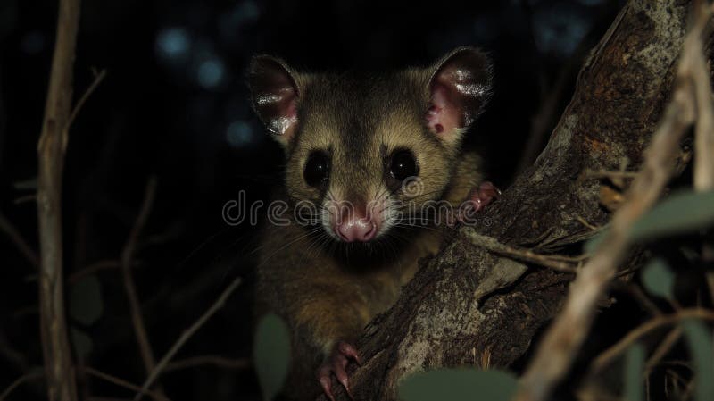 Closeup of a Brown Possum at Night in a Dark Bush Stock Illustration ...