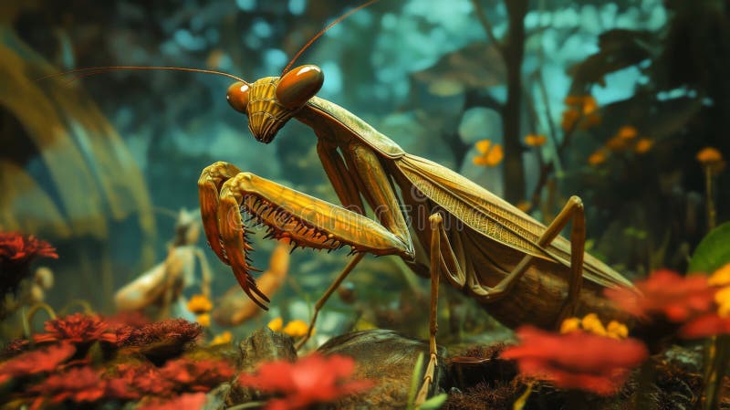 Closeup of a Brown Praying Mantis among Red and Yellow Flowers Stock ...