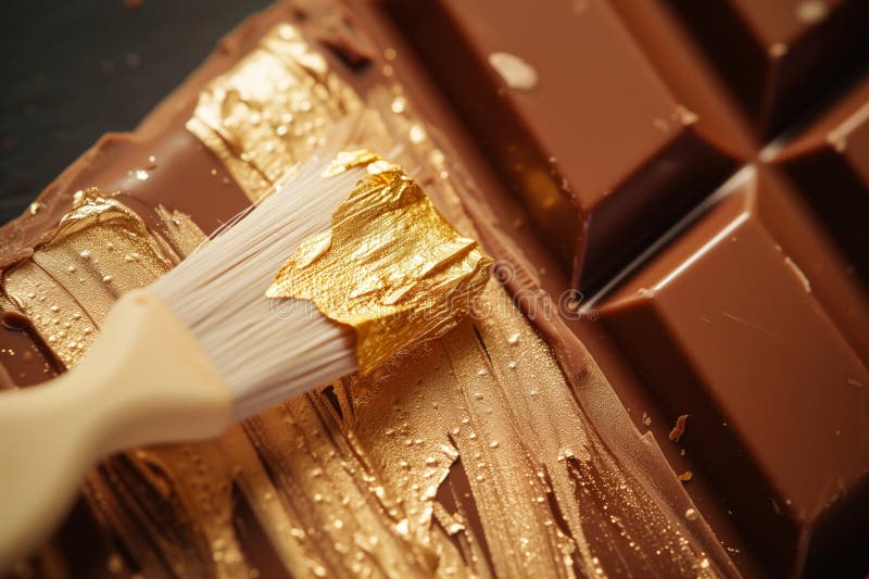 Closeup of a Brush Applying Gold Leaf To a Chocolate Piece Stock Image ...