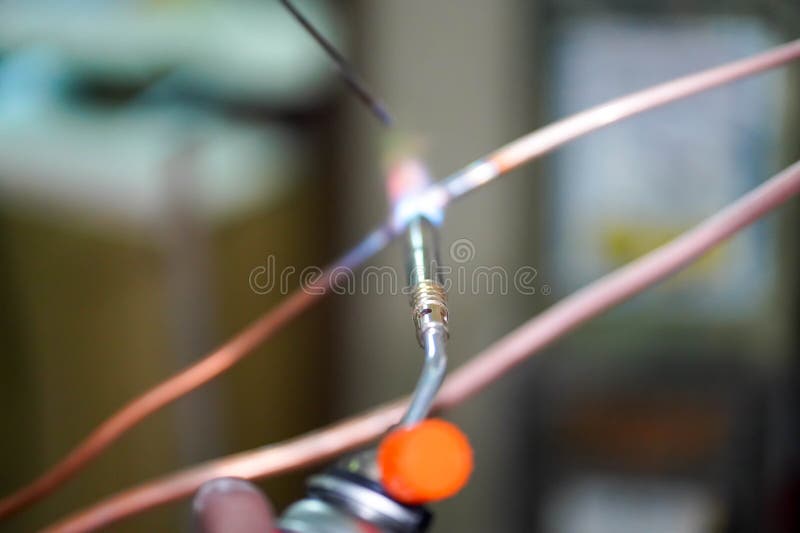 Closeup Builder Using Gas Welding To Connect the Refrigerant Pipe Stock ...