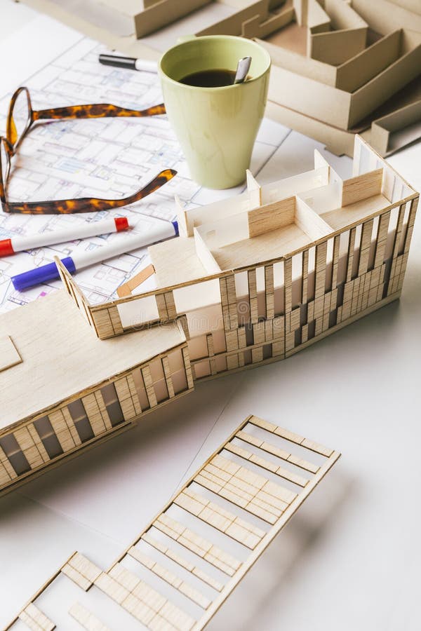 Closeup of Building Model and Drafting Tools on a Construction Plan ...