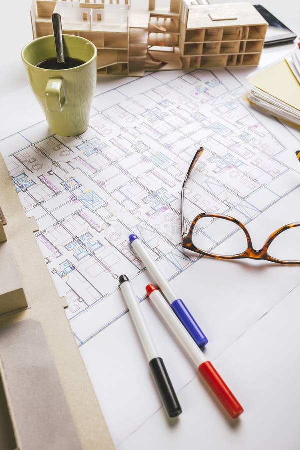 Closeup of Building Model and Drafting Tools on a Construction Plan ...