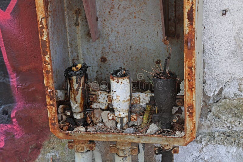 Closeup of Burnt Junction Box with Cable Remnants Stock Photo - Image ...