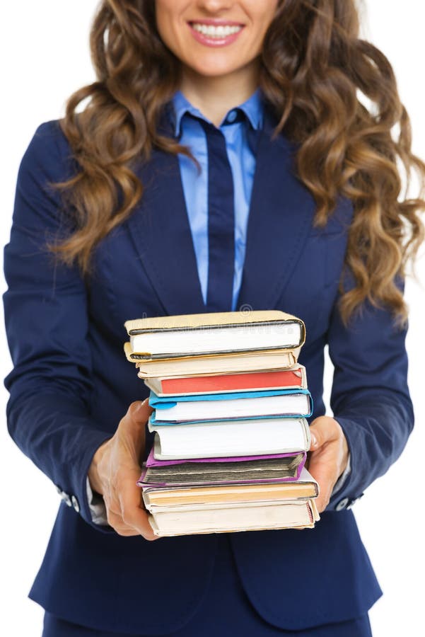 Closeup on Business Woman with Stack of Books Stock Image - Image of ...
