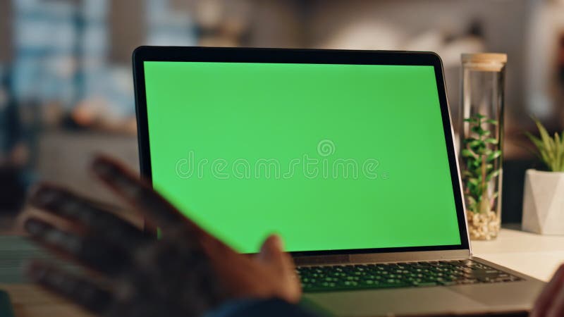 Closeup Businessman Having Videocall at Green Screen Computer in Night ...