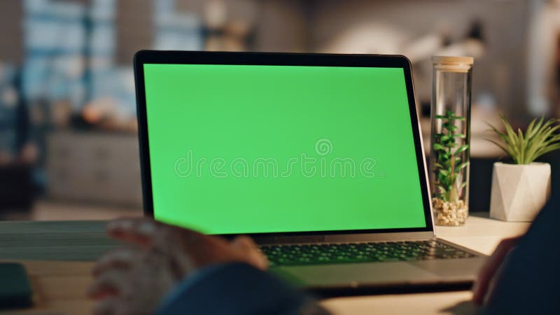 Closeup Businessman Having Videocall at Green Screen Computer in Night ...