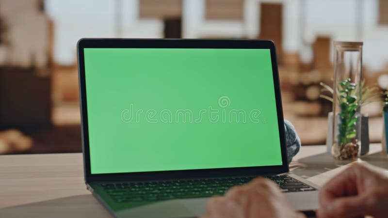 Closeup Businessman Having Videocall at Greenscreen Computer in Work ...