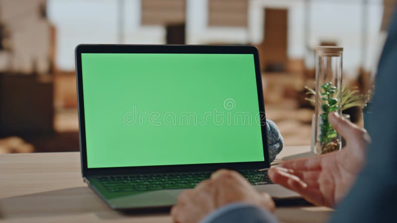 Closeup Businessman Having Videocall at Greenscreen Computer in Work ...