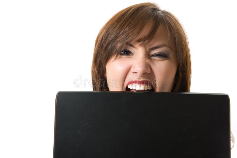 Closeup Businesswoman Bite Laptop. Stock Image - Image of expression ...