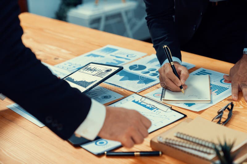 Closeup Busy Analyst Team Discussing Financial Data on Laptop. Fervent ...