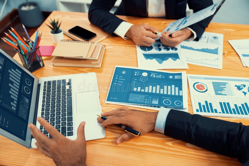 Closeup Busy Analyst Team Discussing Financial Data on Laptop. Fervent ...