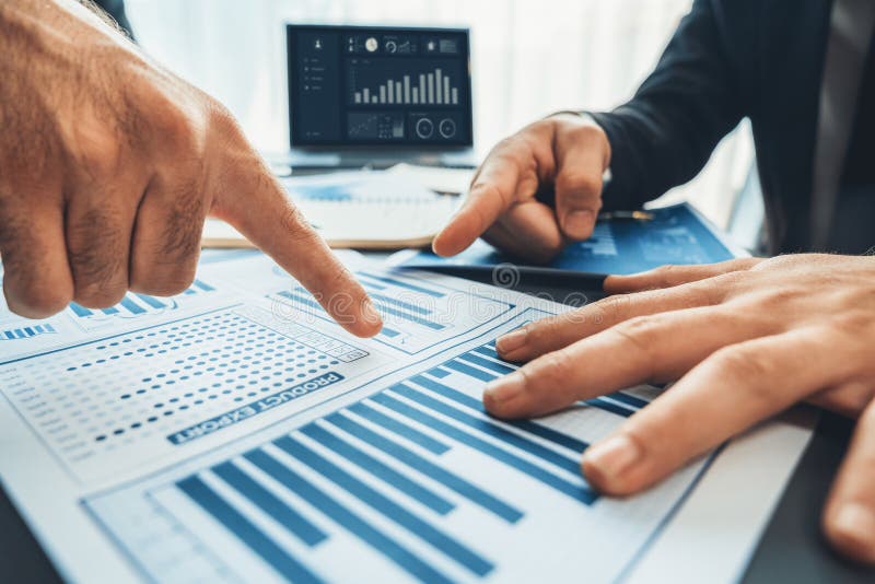 Closeup Busy Analyst Team Discussing Financial Data on Laptop. Fervent ...