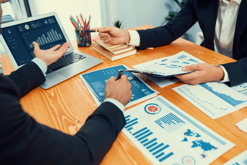 Closeup Busy Analyst Team Discussing Financial Data on Laptop. Fervent ...