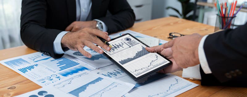 Closeup Busy Analyst Team Discussing Financial Data on Laptop. Fervent ...