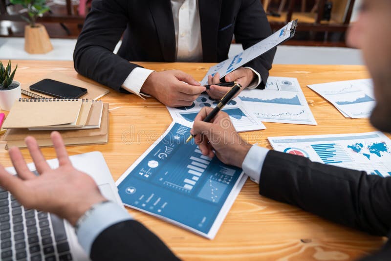 Closeup Busy Analyst Team Discussing Financial Data on Laptop. Fervent ...