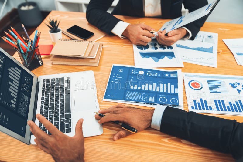 Closeup Busy Analyst Team Discussing Financial Data on Laptop. Fervent ...