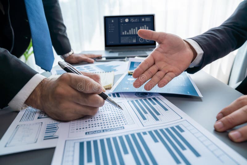 Closeup Busy Analyst Team Discussing Financial Data on Laptop. Fervent ...