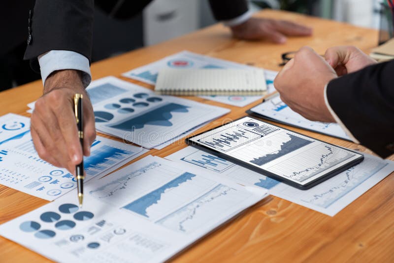 Closeup Busy Analyst Team Discussing Financial Data on Laptop. Fervent ...