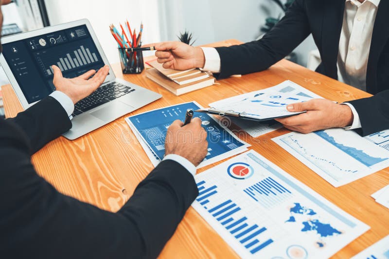 Closeup Busy Analyst Team Discussing Financial Data on Laptop. Fervent ...