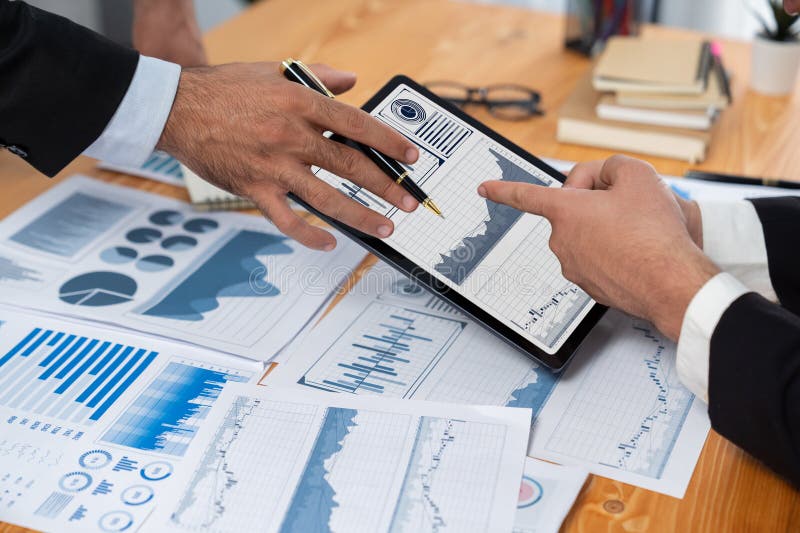 Closeup Busy Analyst Team Discussing Financial Data on Laptop. Fervent ...