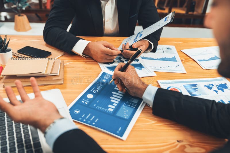Closeup Busy Analyst Team Discussing Financial Data on Laptop. Fervent ...