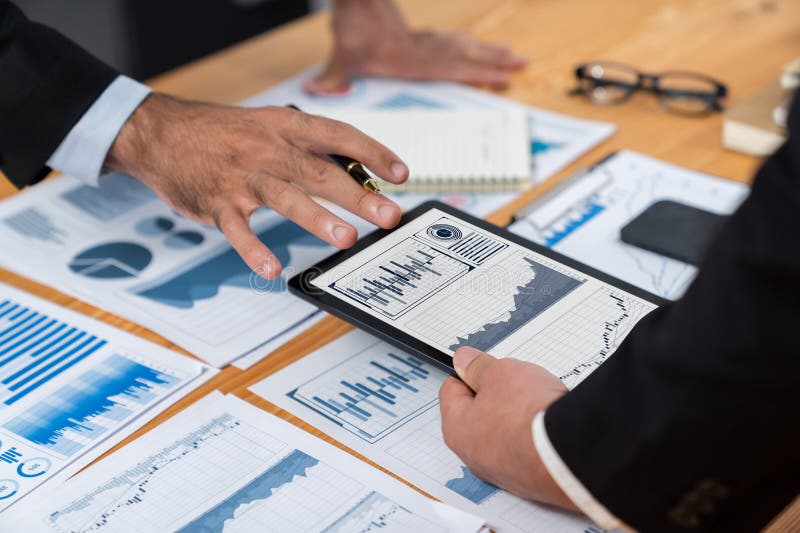 Closeup Busy Analyst Team Discussing Financial Data on Laptop. Fervent ...