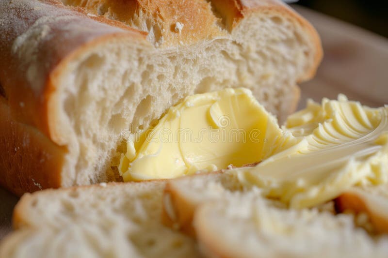 Closeup of Butter Being Spread on Fresh Bread Stock Photo - Image of ...