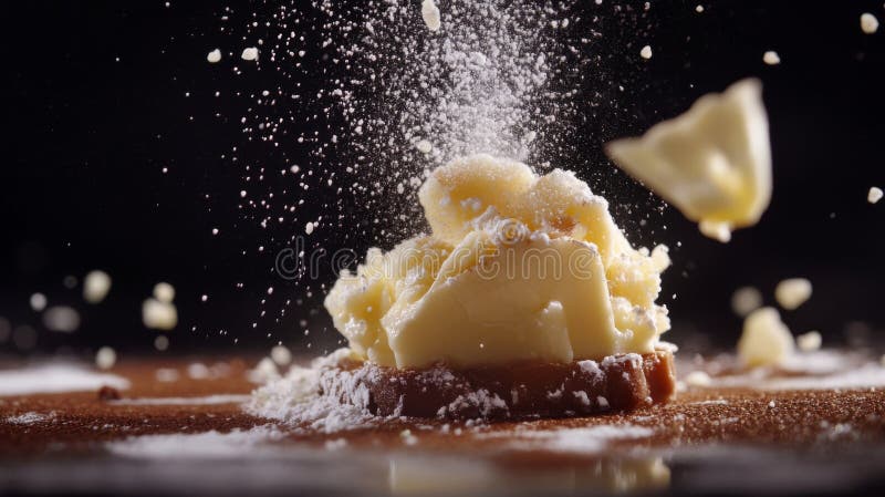 Closeup of Butter Splashing Onto Cookie with Powdered Sugar Stock ...