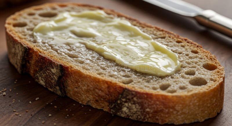 Closeup of Buttered Bread Slice on Wooden Board Stock Illustration - Illustration of comfort ...