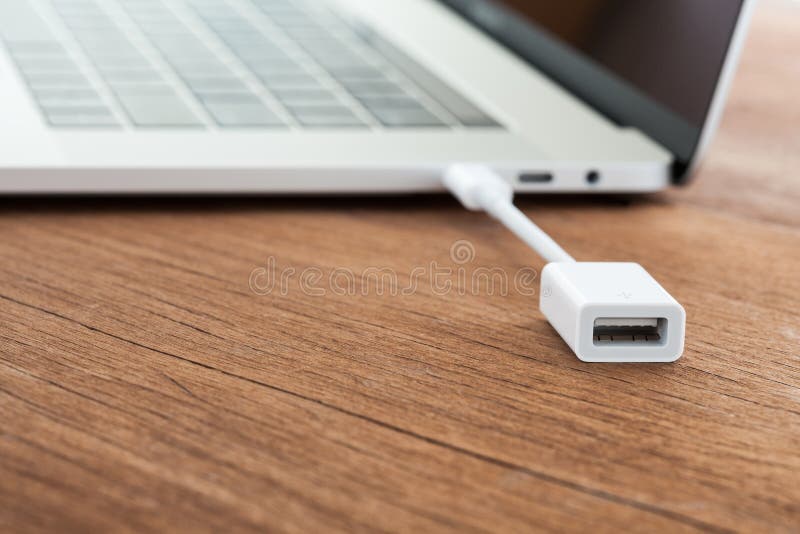 Closeup Cable Data Convert To Laptop Computer New Modern Techno Stock ...