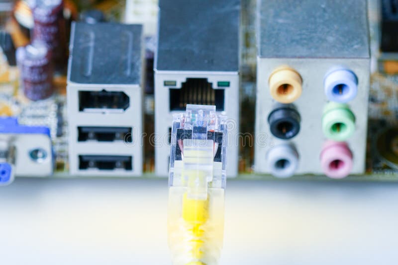 Closeup Cable Wire Network Connected To Computer. Stock Image - Image ...