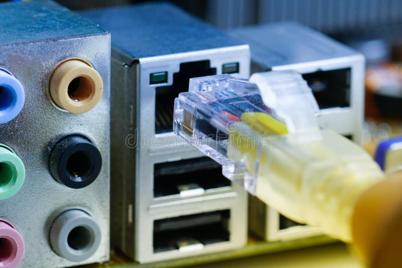 Closeup Cable Wire Network Connected To Computer. Stock Image - Image ...
