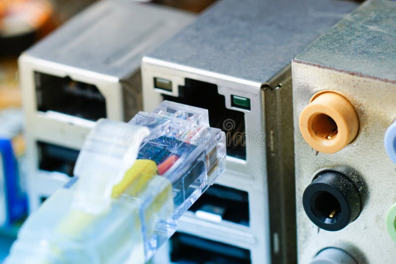 Closeup Cable Wire Network Connected To Computer. Stock Image - Image ...