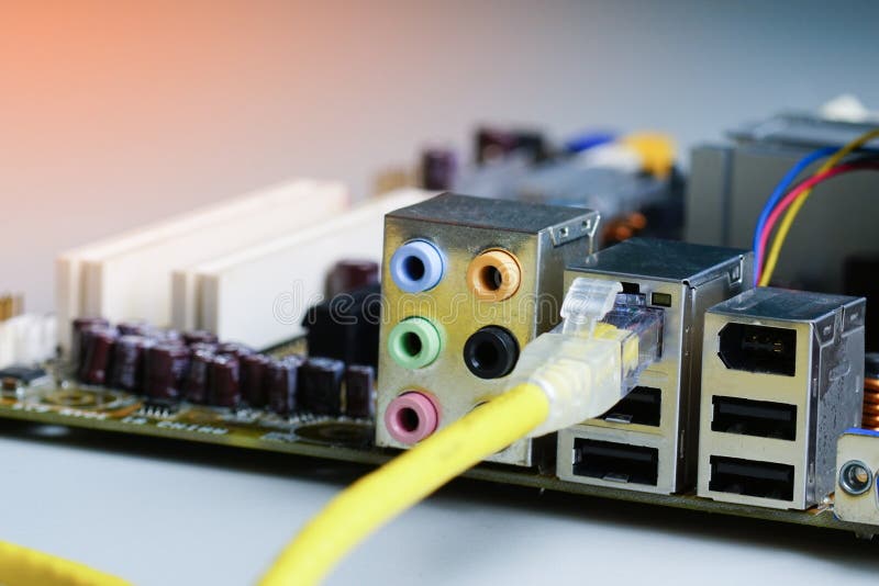 Closeup Cable Wire Network Connected To Computer. Stock Image - Image ...