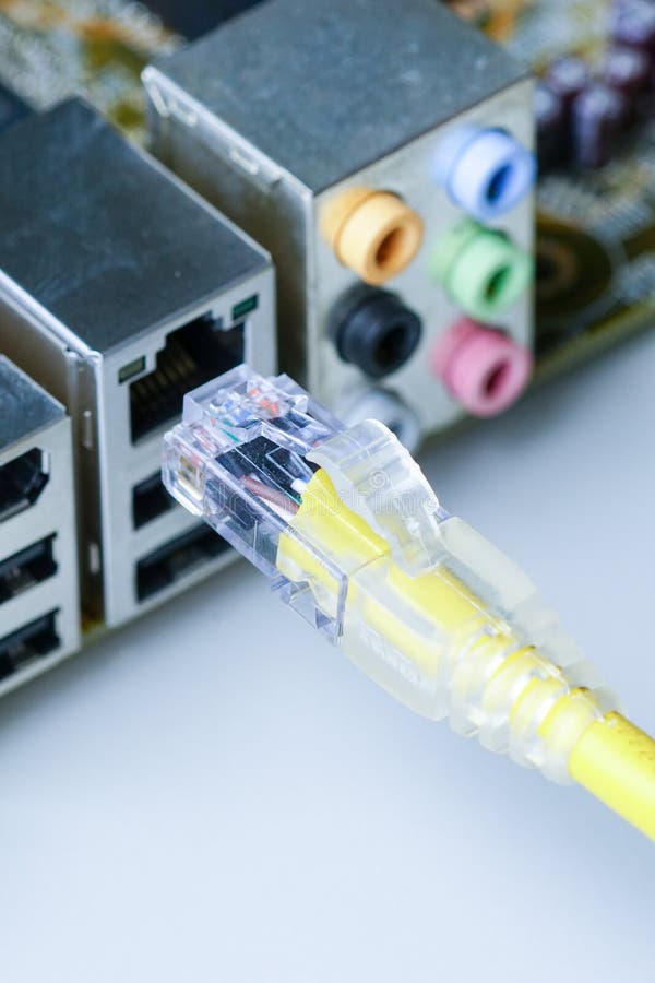 Closeup Cable Wire Network Connected To Computer. Stock Image - Image ...