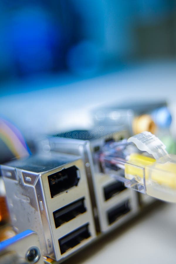 Closeup Cable Wire Network Connected To Computer. Stock Image - Image ...