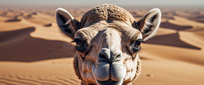 Closeup of a Camel S Head with the Vast Desert Stretching into the ...