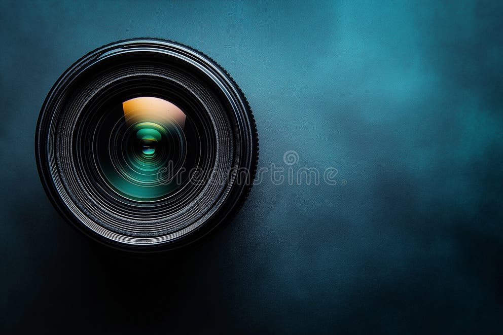 Closeup Camera Lens with Lense Reflection Blue Dark Background by ...