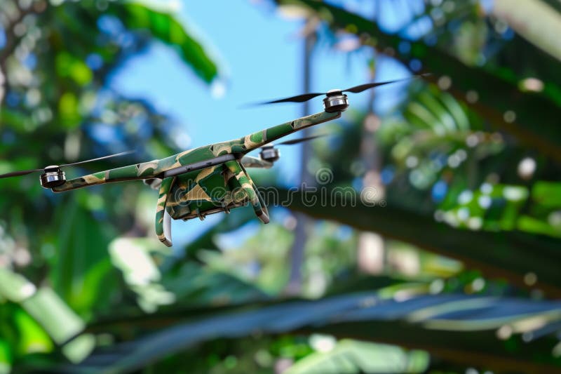 Closeup of a Camouflaged Drone in Flight Above a Tropical Rainforest ...