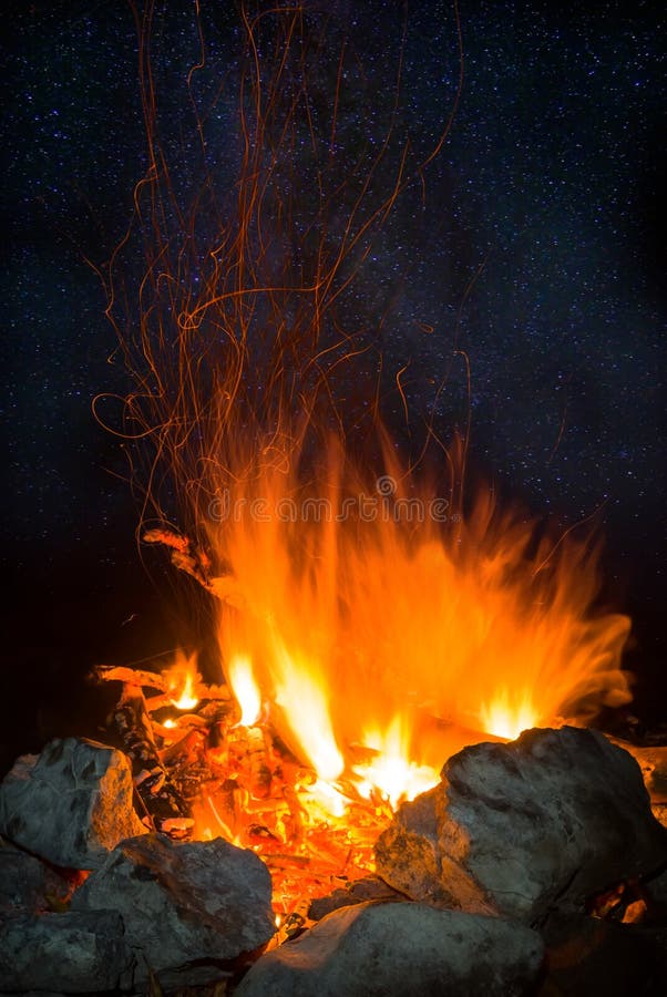 Camp Fire at the Night on a Starry Sky Background Stock Image - Image ...