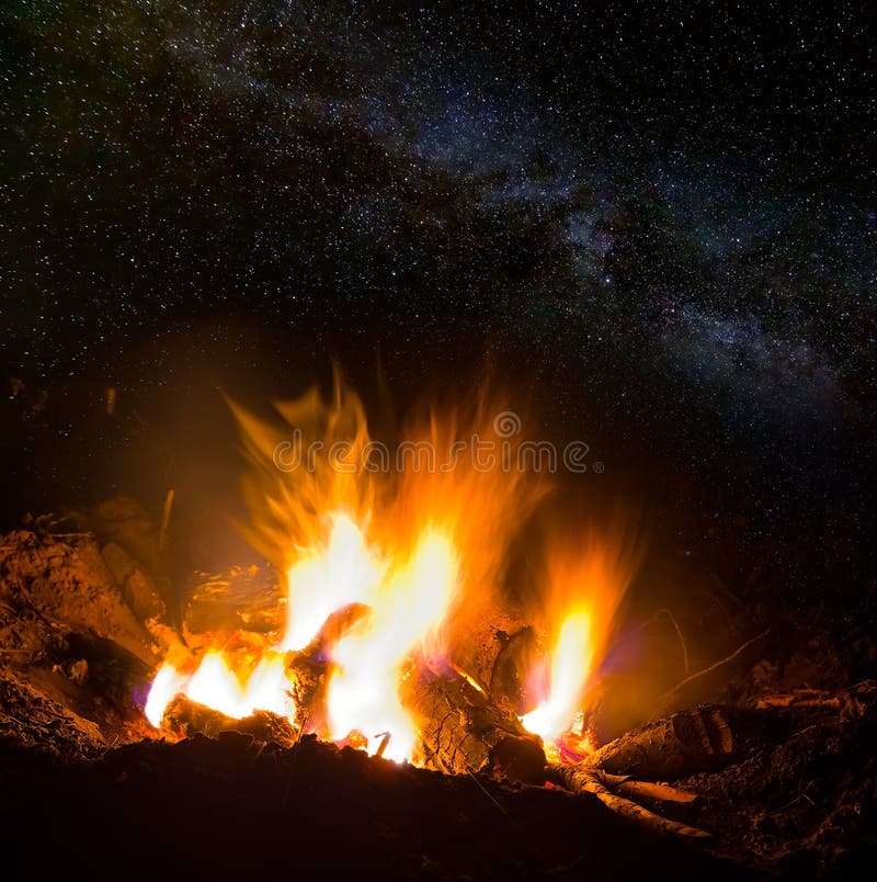 Camp Fire at the Night Under Starry Sky Stock Image - Image of ...