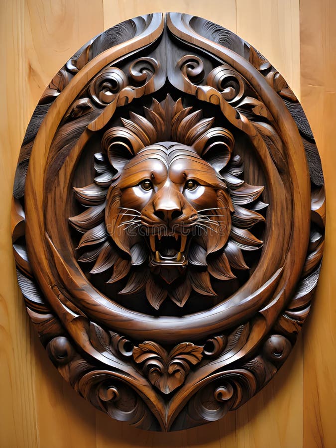 A Closeup of a Carving Wooden with Lion Head Stock Illustration ...