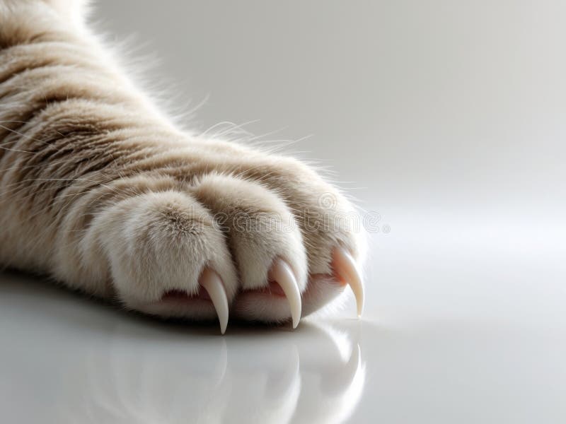 A CloseUp of a Cats Paw with Extended Claws on a White Reflective ...