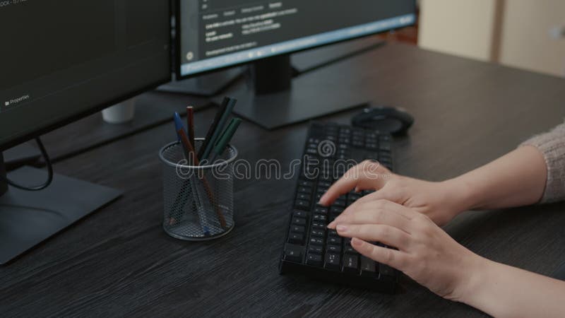 Programer Hands Typing Keyboard Working Computer In Data Reflection Closeup Stock Footage