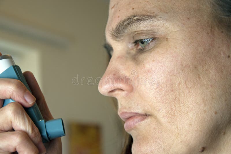 Closeup of Caucasian Woman Using Asthma Inhaler Stock Photo - Image of ...