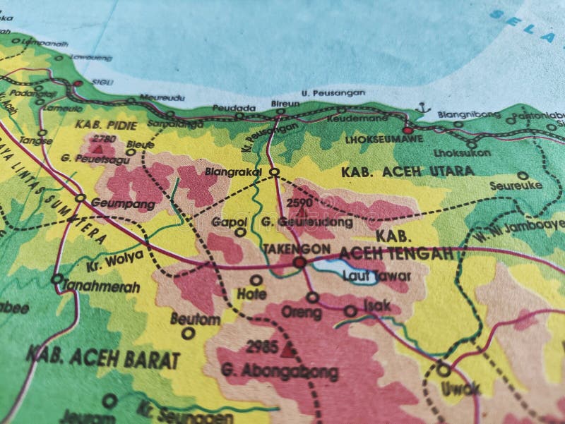 Central Aceh Map and Major Cities Around it on Physical Map Stock Photo ...