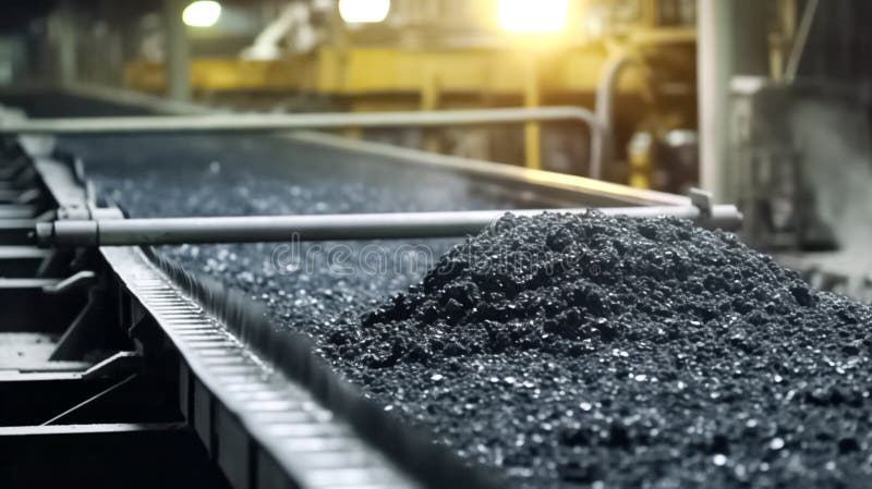 Closeup of Charcoal or Bituminous Coal Moving. Conveyor Belt Coal. Coal ...