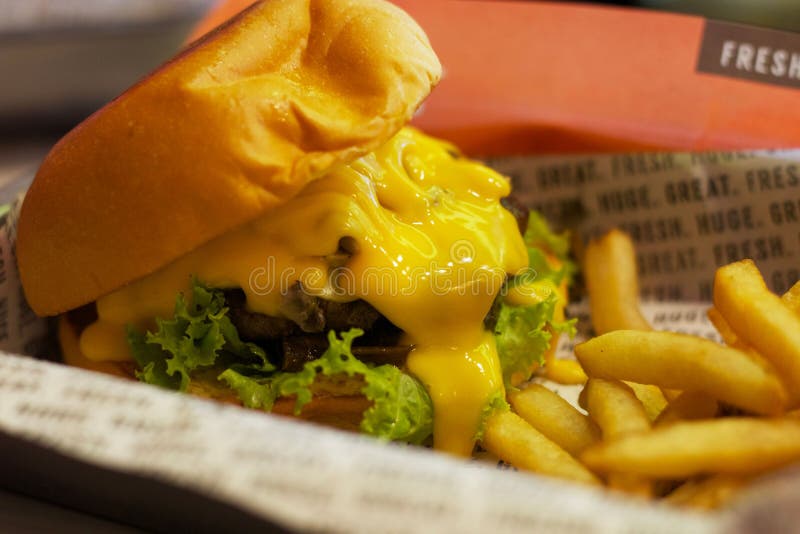 Closeup of a Cheesy Burger & Fries Stock Image - Image of meal, meat ...